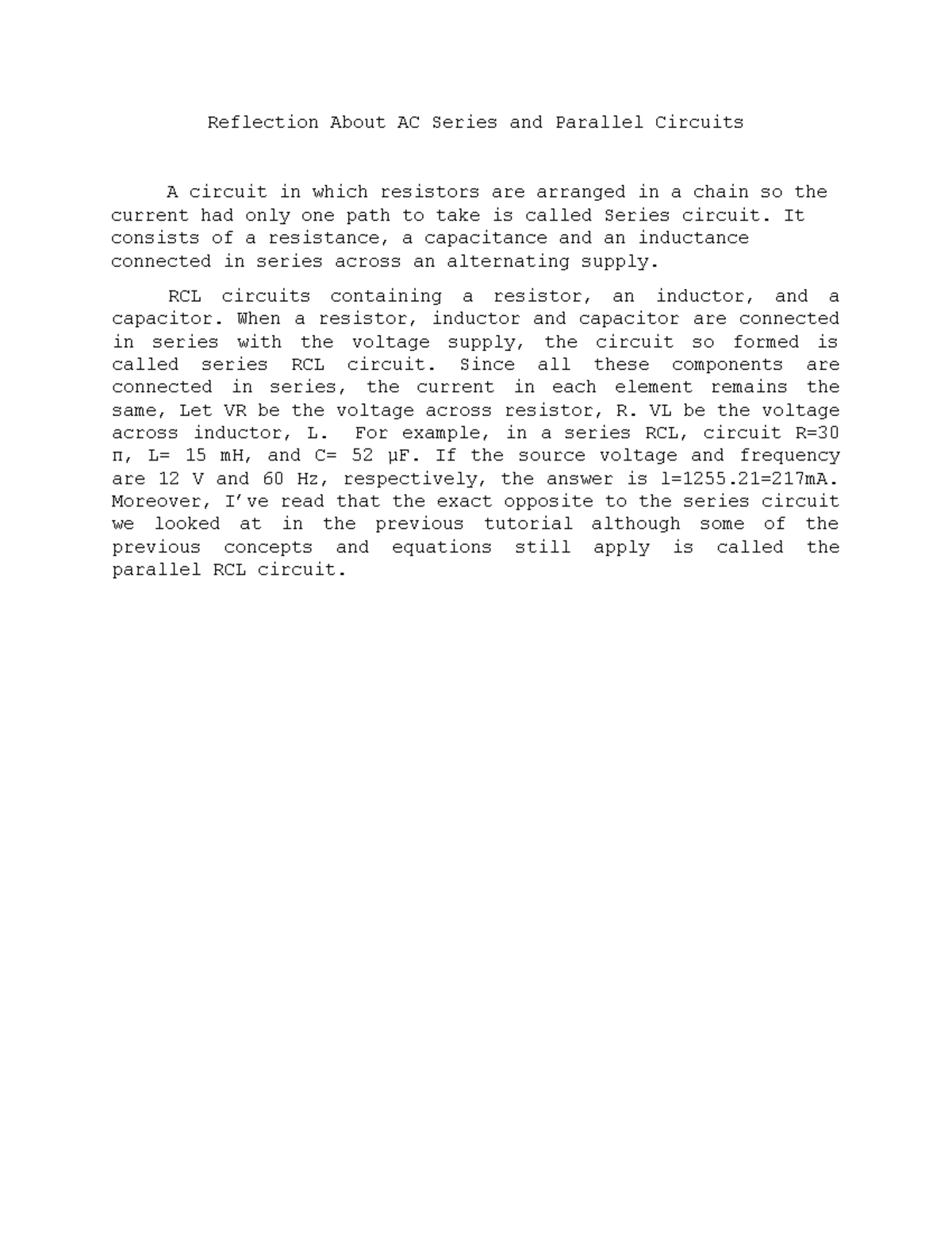 Reflection About AC Series and Parallel Circuits - It consists of a ...