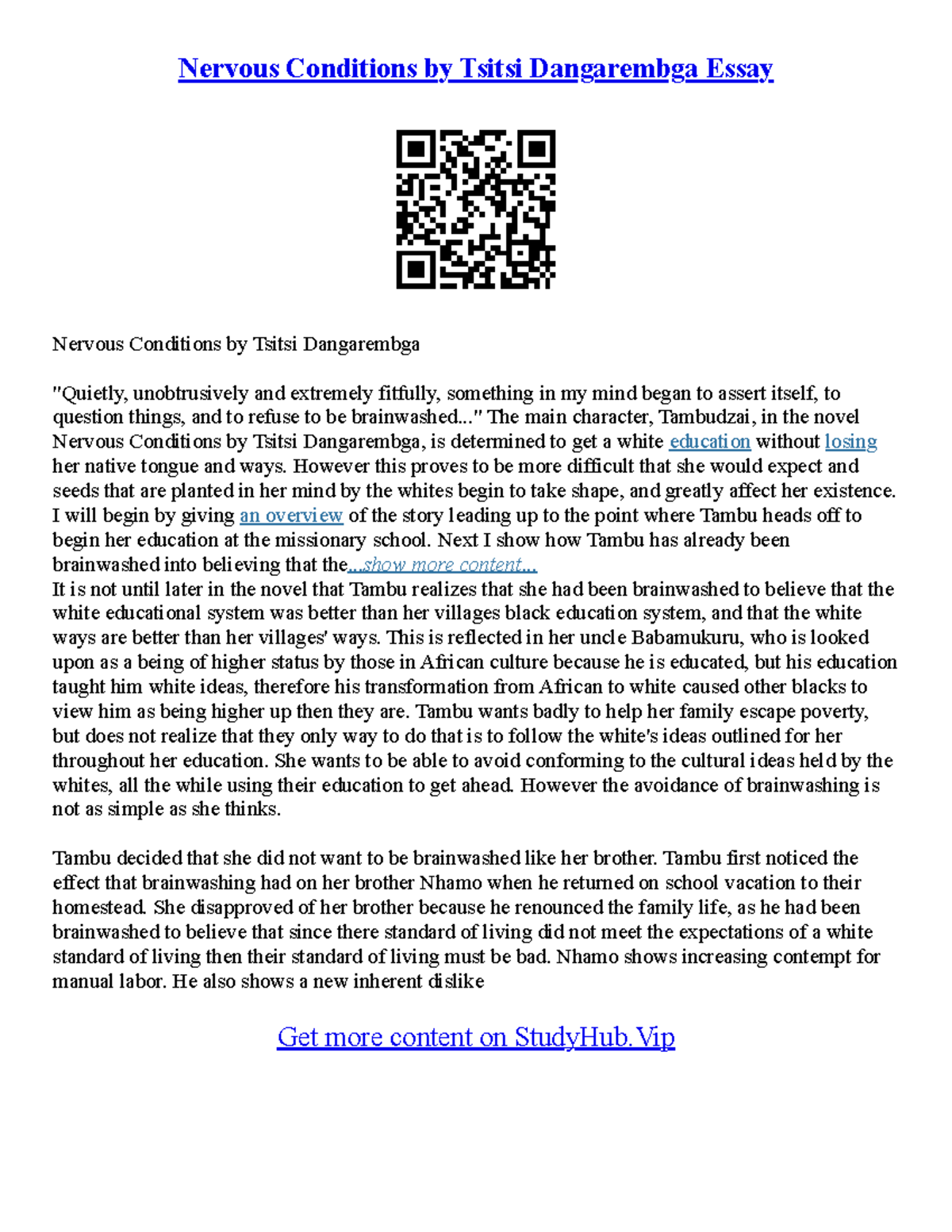 Nervous Conditions Essay - Nervous Conditions by Tsitsi Dangarembga ...