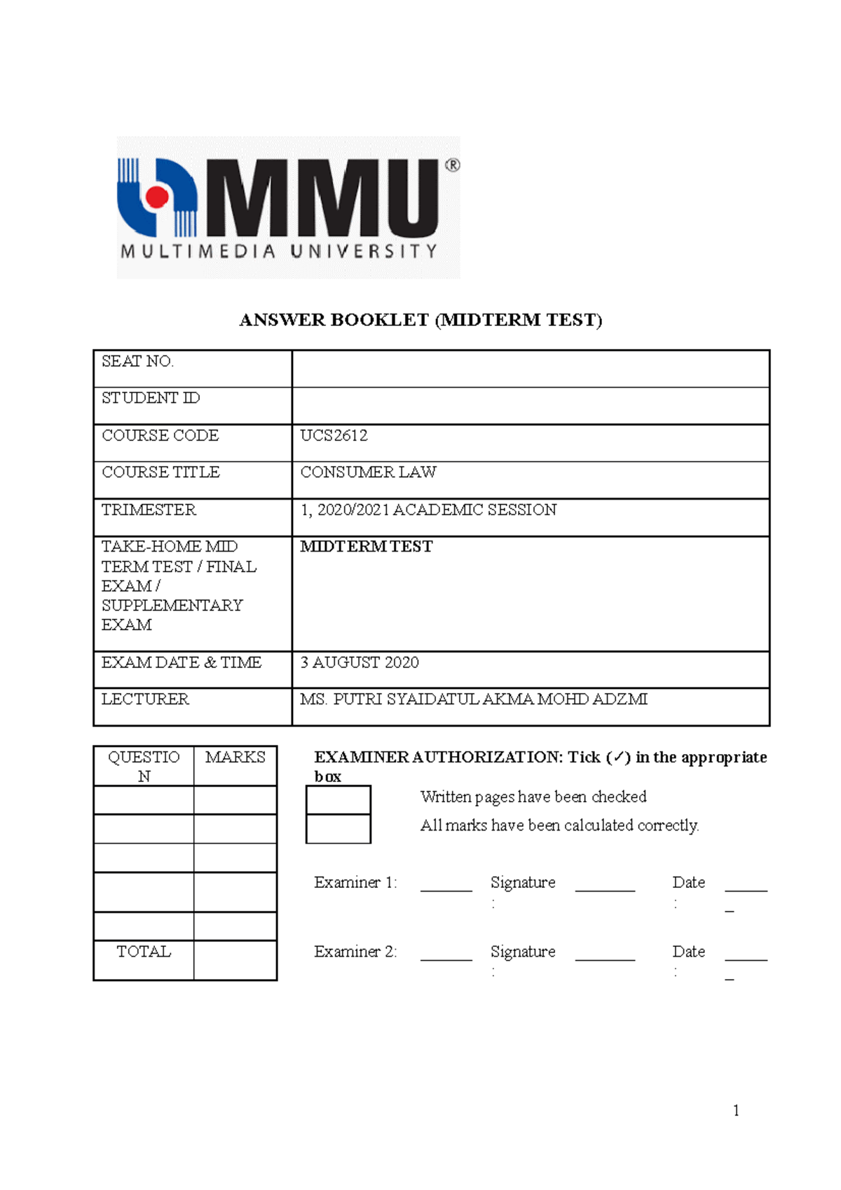 Consumer Midterm example - ANSWER BOOKLET (MIDTERM TEST) SEAT NO ...