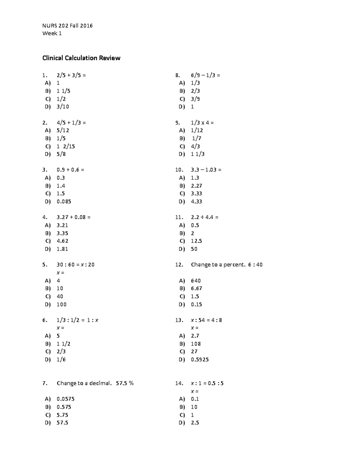 Clin Calc Week 1 - These are calculation questions to help practice for ...
