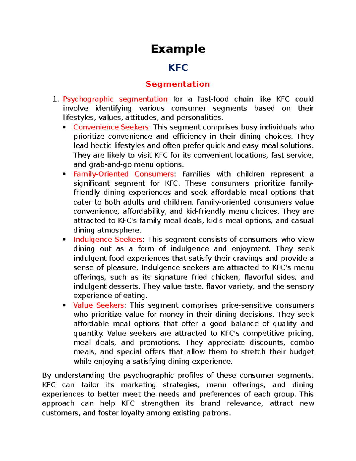 Example of Segmentation - Example KFC Segmentation Psychographic ...