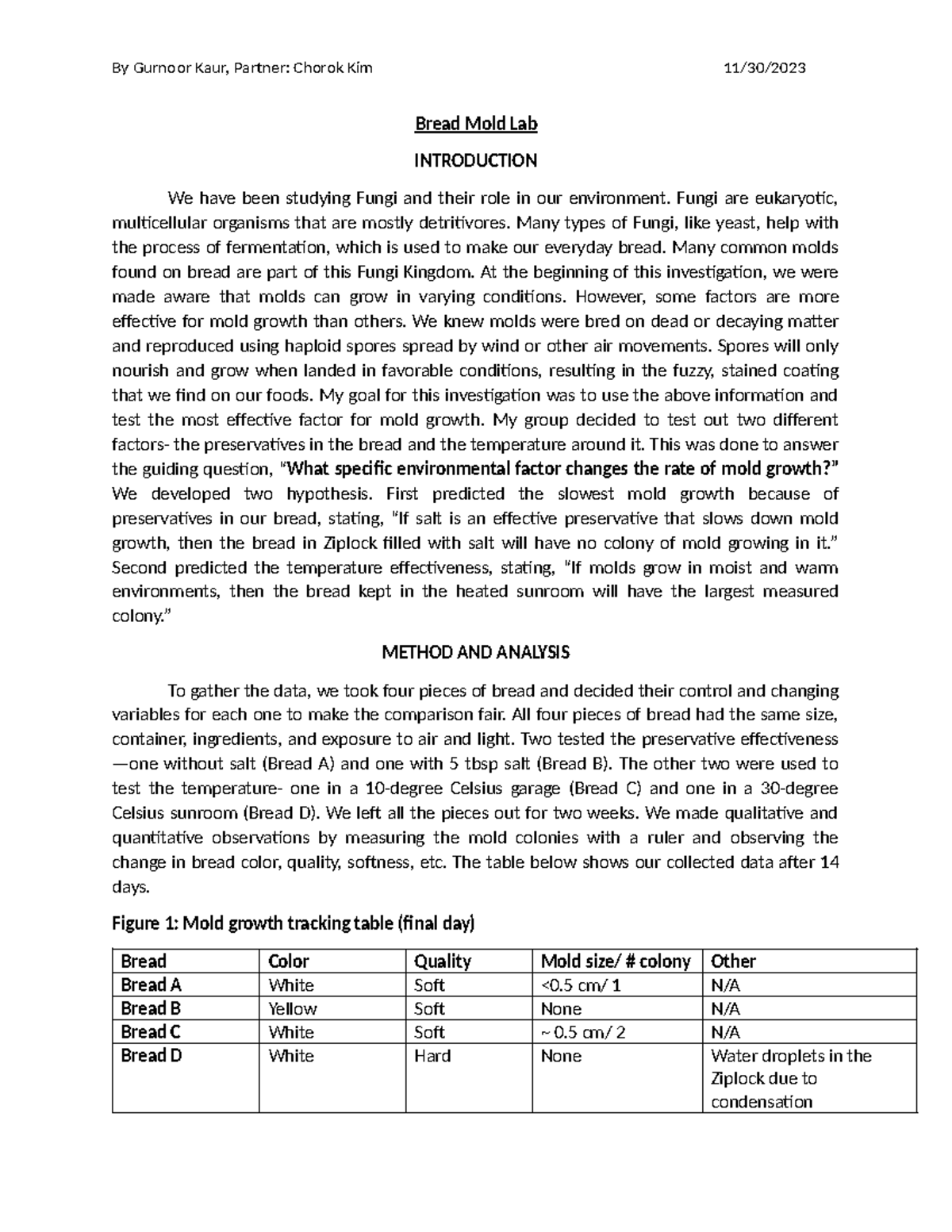 ADI- Bread Mold Lab - None - By Gurnoor Kaur, Partner: Chorok Kim 11/30 ...
