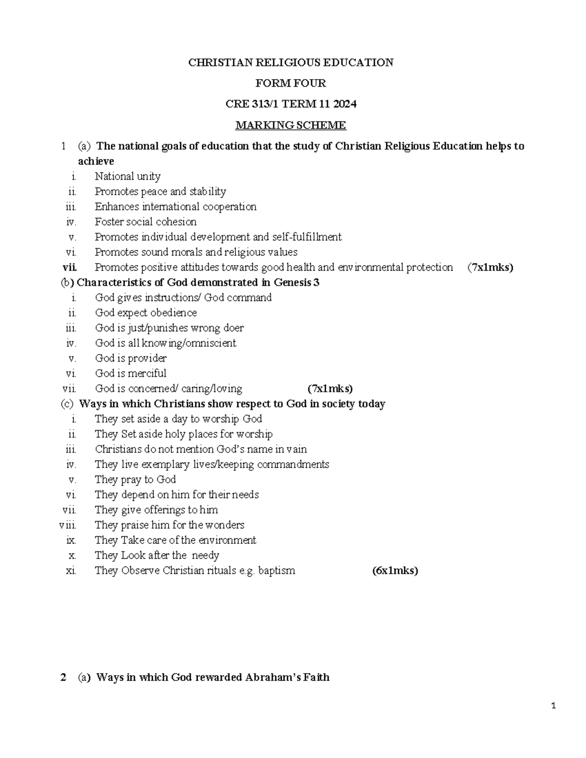 C.R.E. - Paper 1 - Marking Scheme - CHRISTIAN RELIGIOUS EDUCATION FORM ...
