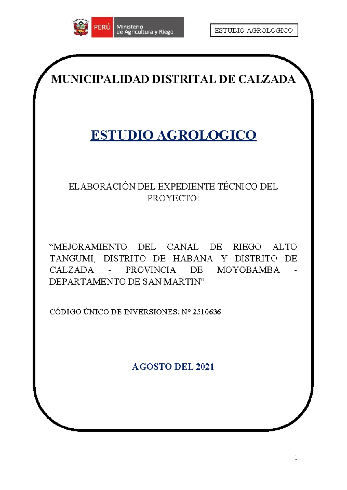 5.1. Estudio Agrologico CANAL - MUNICIPALIDAD DISTRITAL DE CALZADA ...