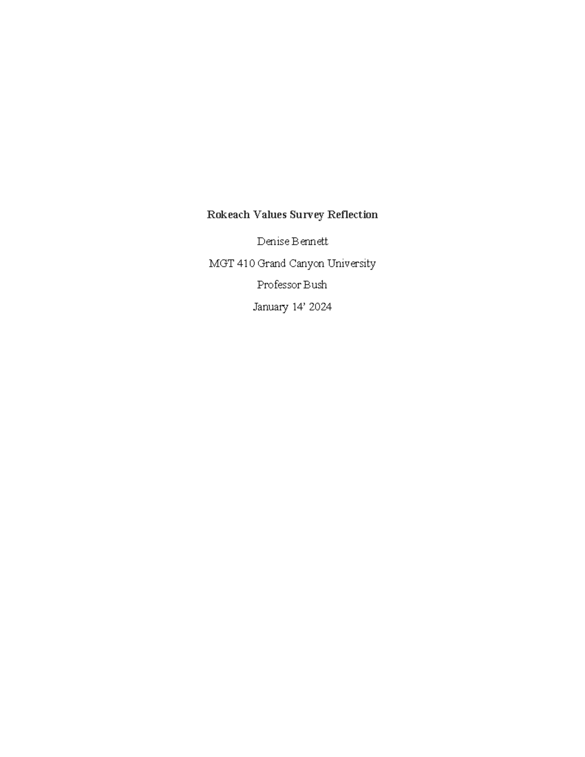 MGT 410 Week 4 assignment done - Rokeach Values Survey Reflection ...