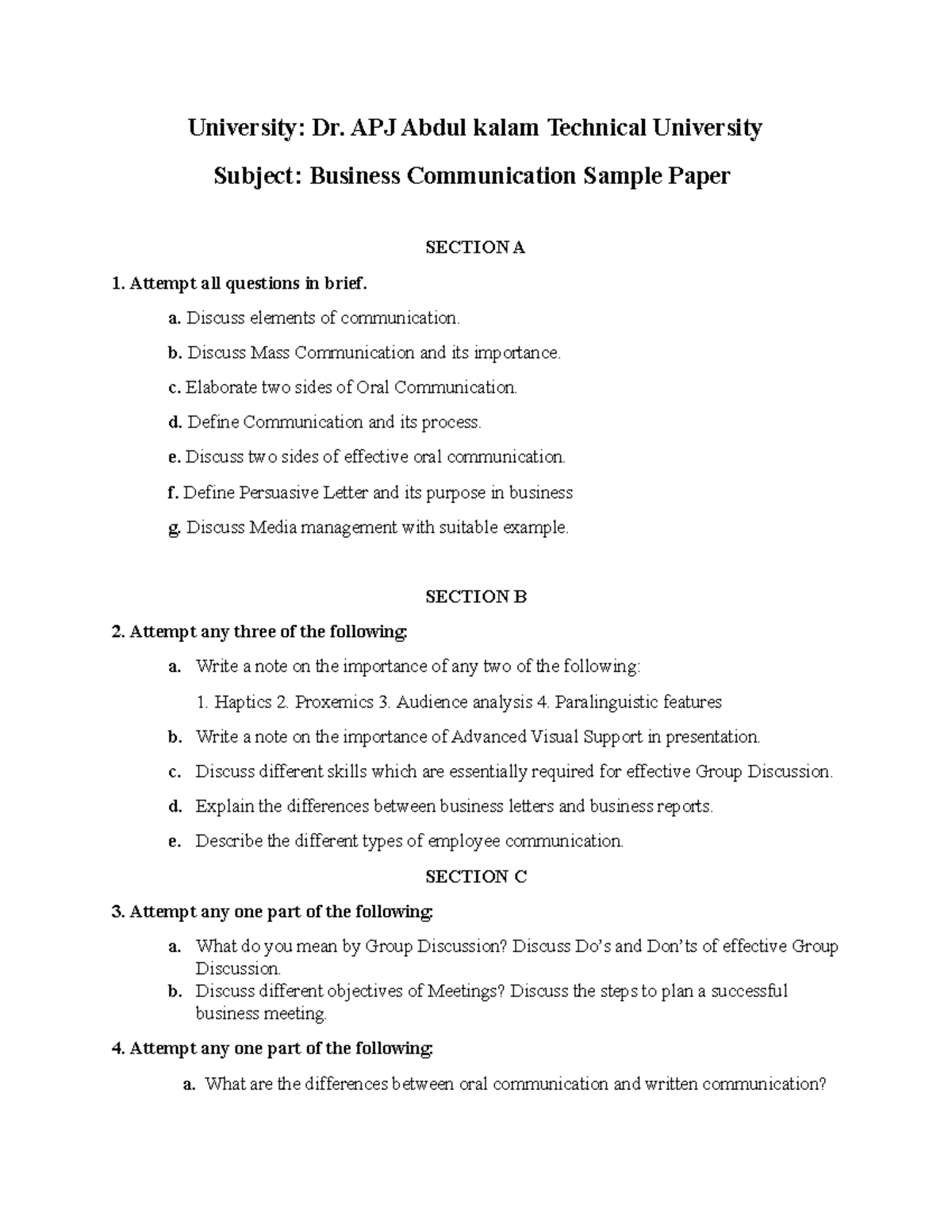 Business communication sample qestion paper - University: Dr. APJ Abdul ...