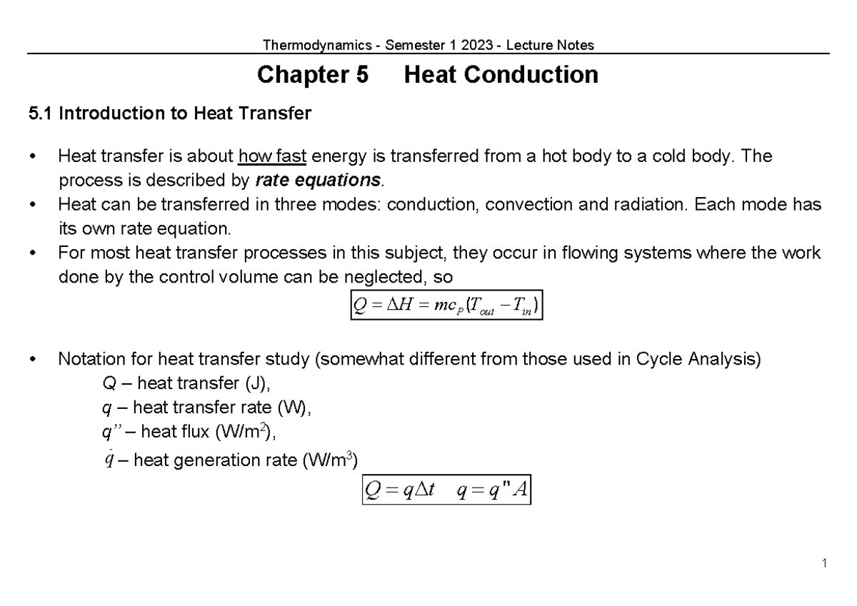 Thermodynamics 2023 Chap 5 - Chapter 5 Heat Conduction 5 Introduction ...