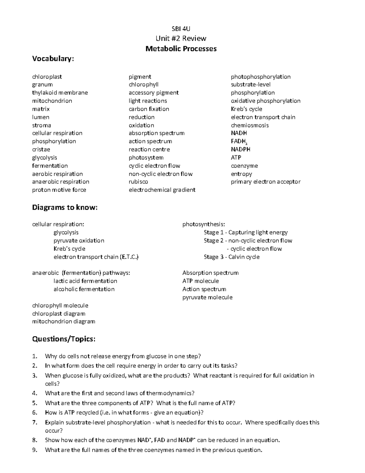Unit 2 Review - Metabolic Processes - revised March 2021 - SBI 4U Unit #2 Review Metabolic ...