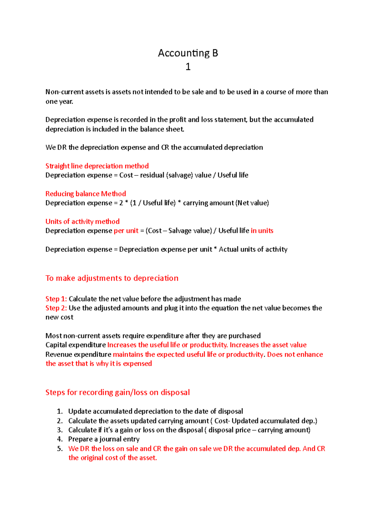 Non-current Assets chapter summary - Accounting B 1 Non-current assets ...