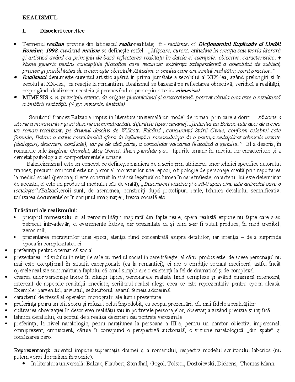 Curentele Literare - trasaturi -2024 - REALISMUL I. Disocieri teoretice ...
