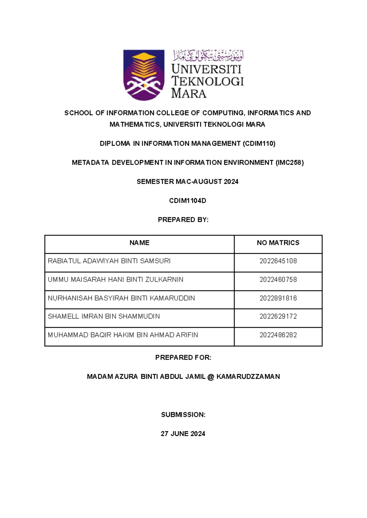 IMC258 - Assigment 2 - SCHOOL OF INFORMATION COLLEGE OF COMPUTING ...
