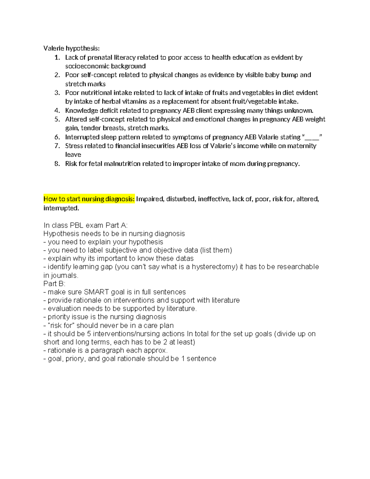 In-class PBL process prep - Valerie hypothesis: 1. Lack of prenatal ...