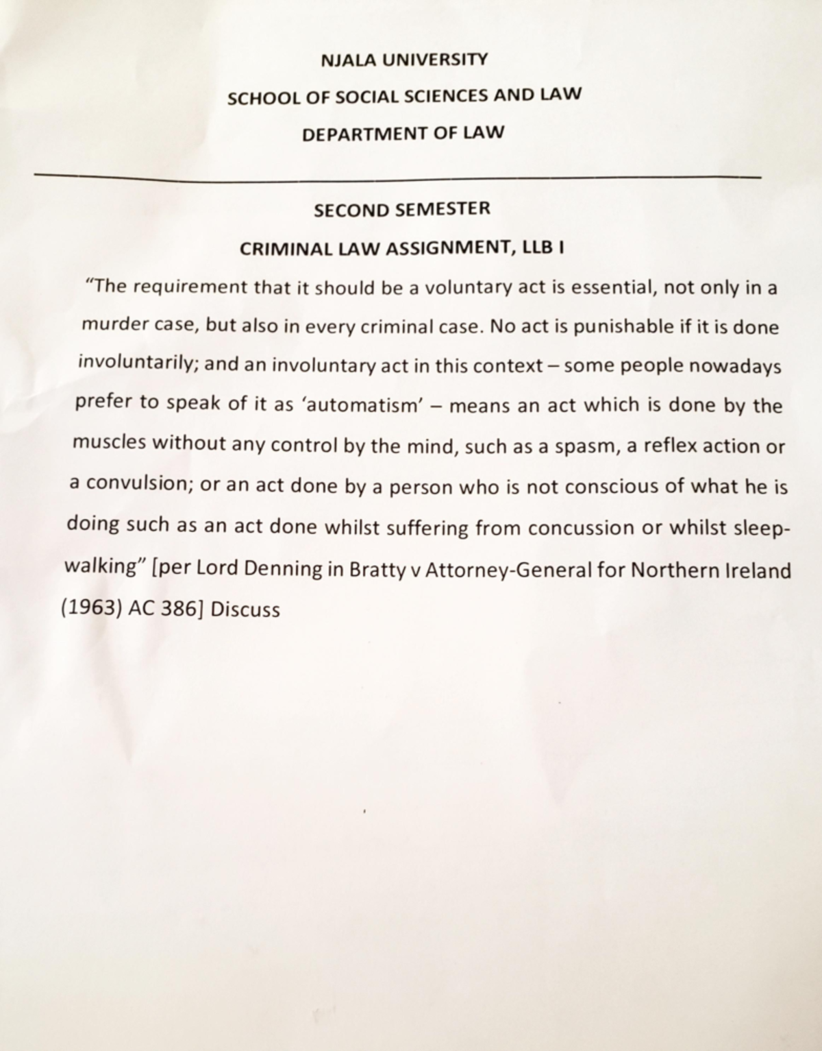 Criminal law Assignment - NJALA UNIVERSITY SCHOOL OF SOCIAL SCIENCES ...