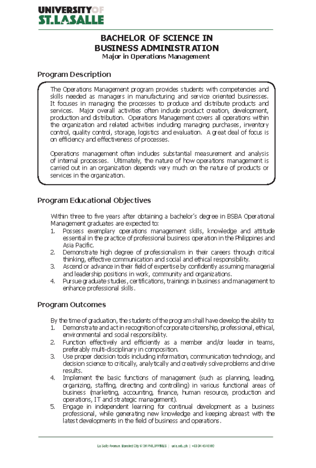 9b.BSBA Operational Management - BACHELOR OF SCIENCE IN BUSINESS ADMINISTRATION Major in ...