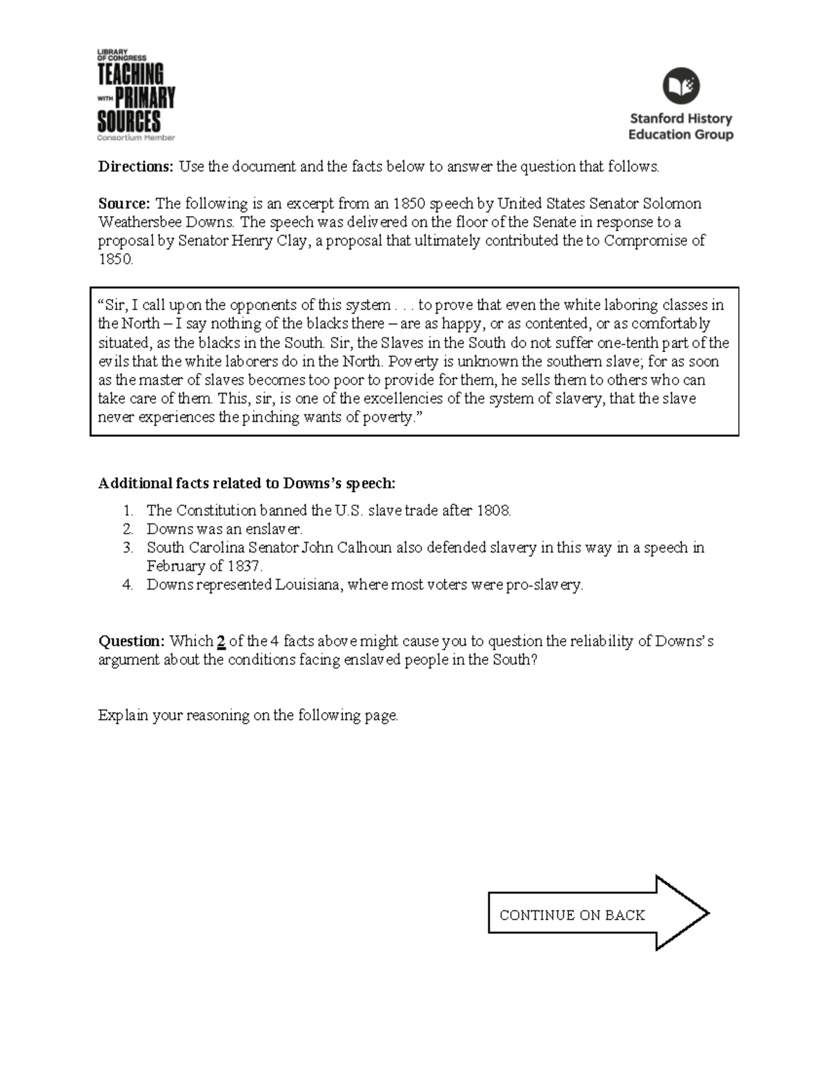 Defender of Slavery Assessment - Directions: Use the document and the ...