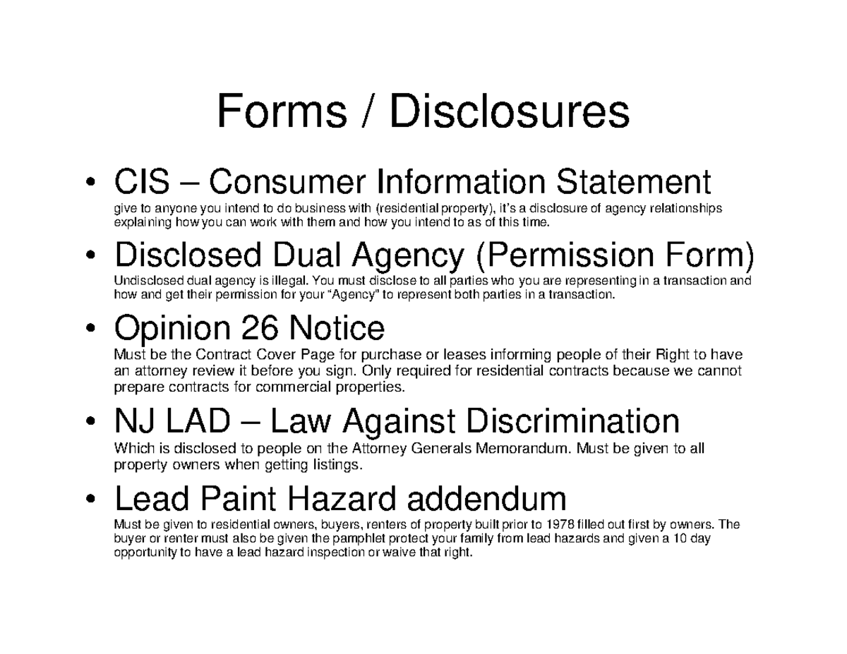 Study Guide Supplement - Forms / Disclosures • CIS – Consumer ...