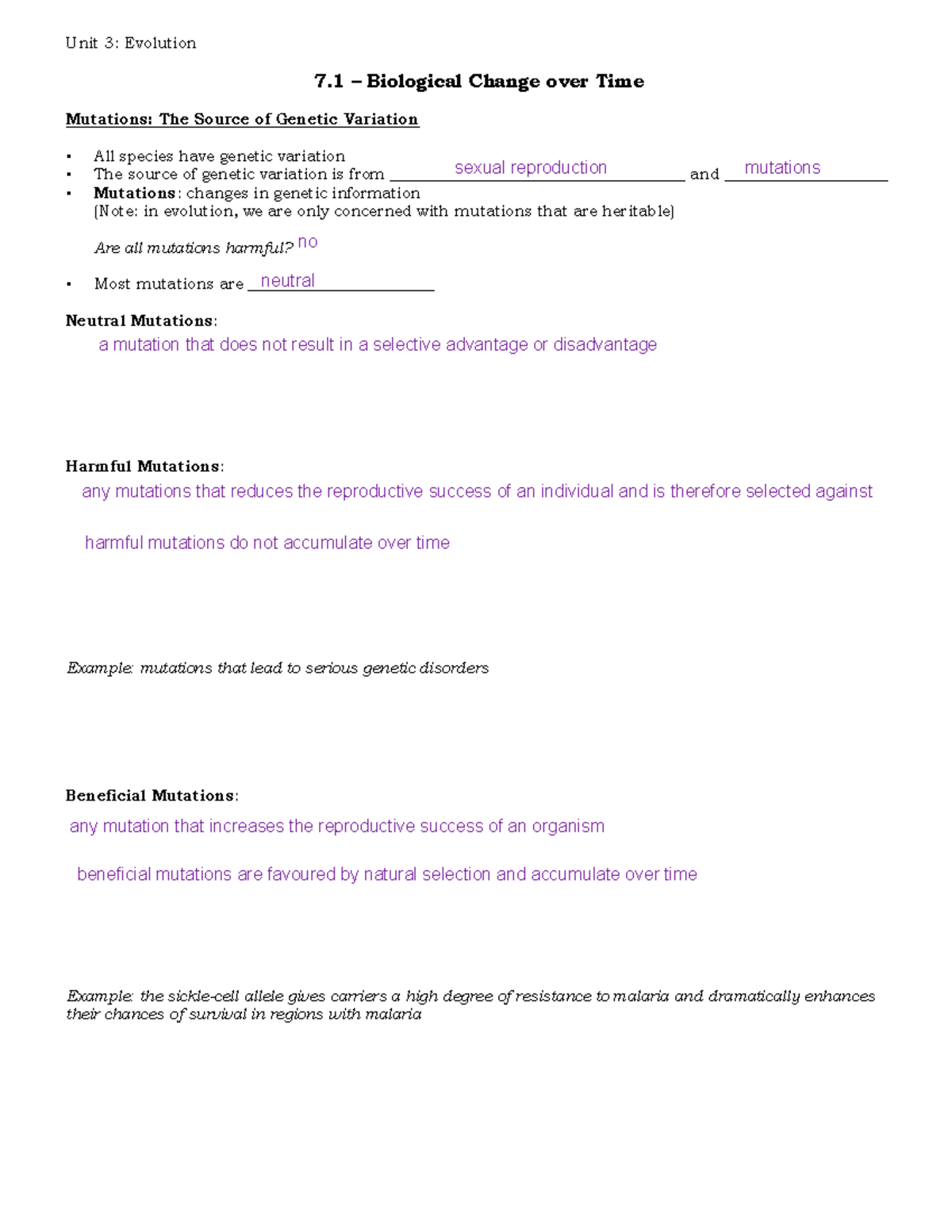 7.1 - Biological Change over Time - Unit 3: Evolution 7 – Biological ...