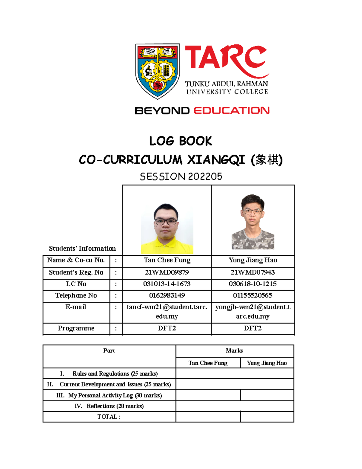 LOG BOOK - LOG BOOK CO-CURRICULUM XIANGQI (象棋) SESSION 202205 Students ...