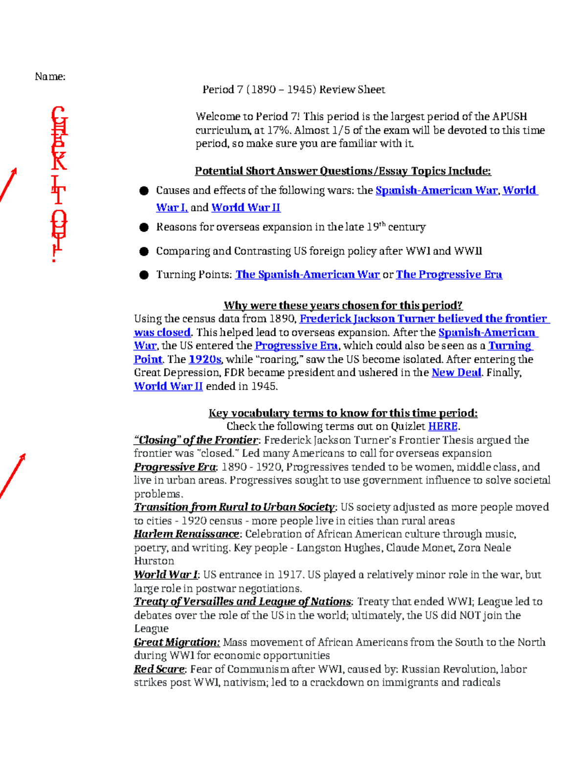 Period 7 Study Guide - Name: Period 7 (1890 – 1945) Review Sheet ...