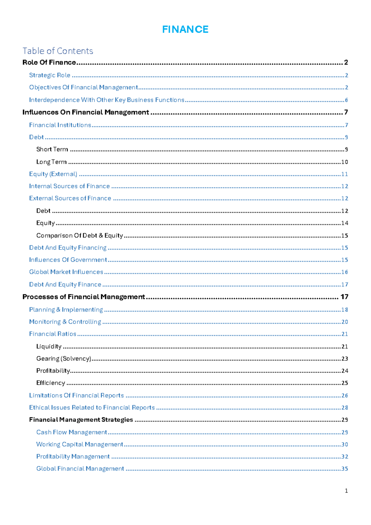 Finance - Notes - FINANCE Role Of Finance Table of Contents Strategic ...