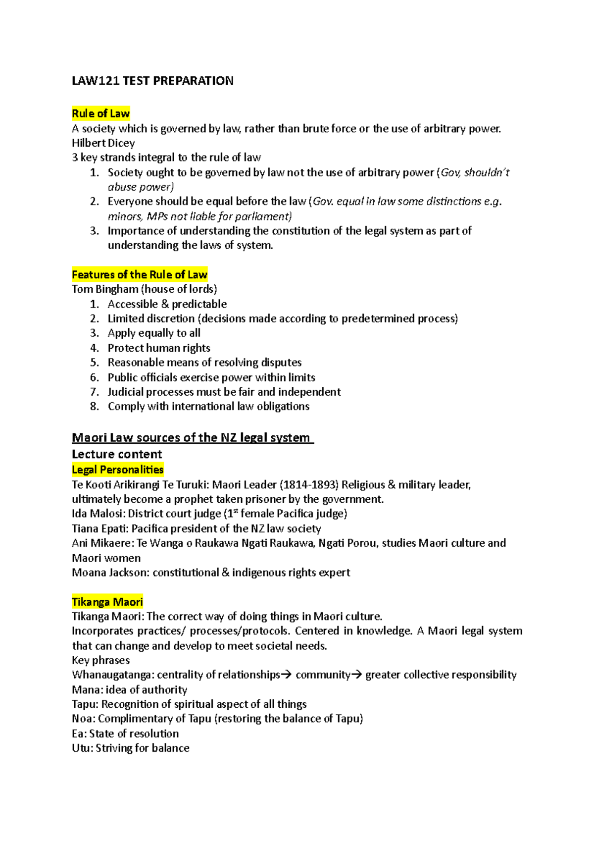 LAW121 1st TEST PREP - LAW121 TEST PREPARATION Rule of Law A society ...