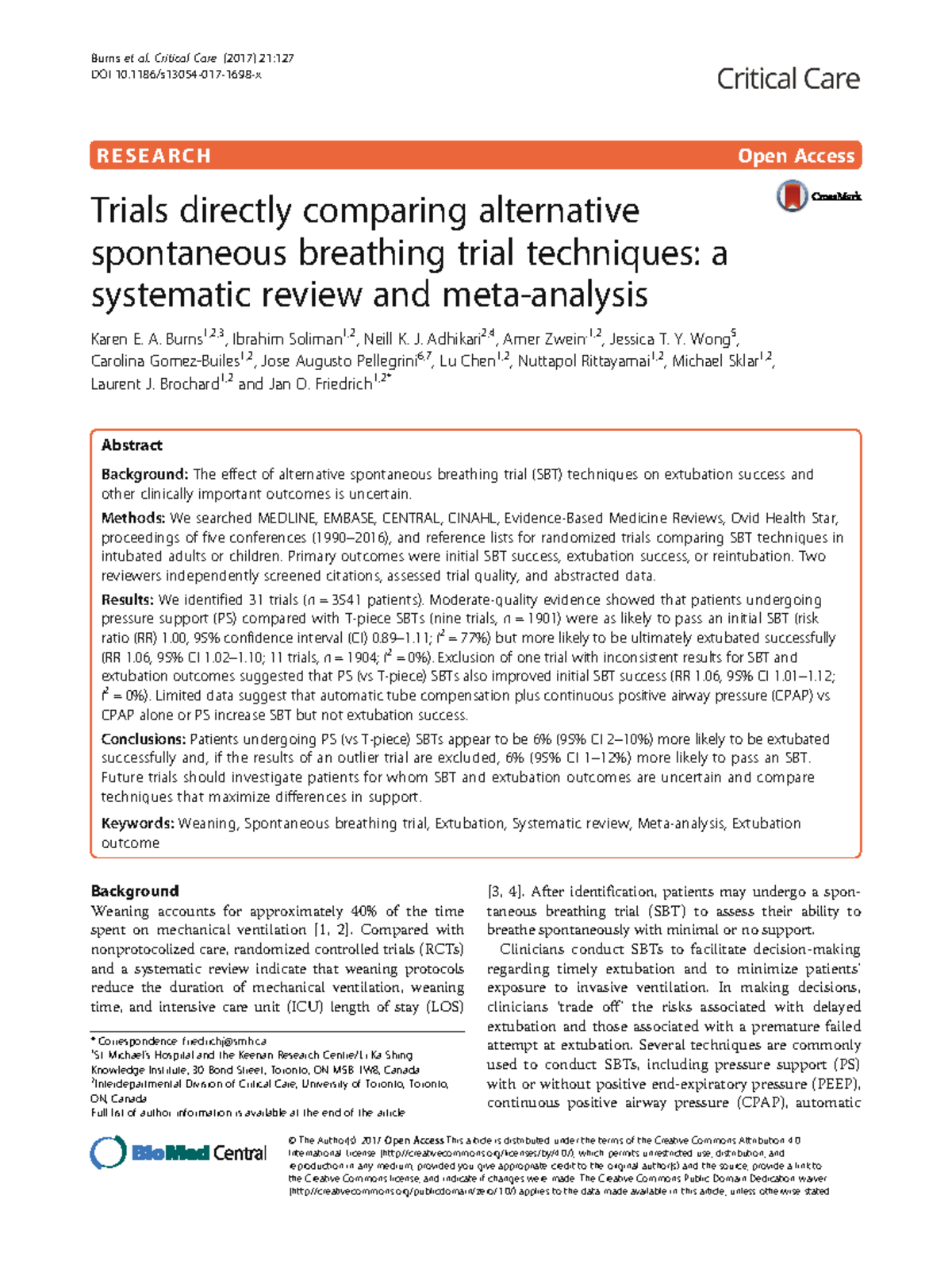 Trials directrly comparing alternative spontaneus breathing trial ...