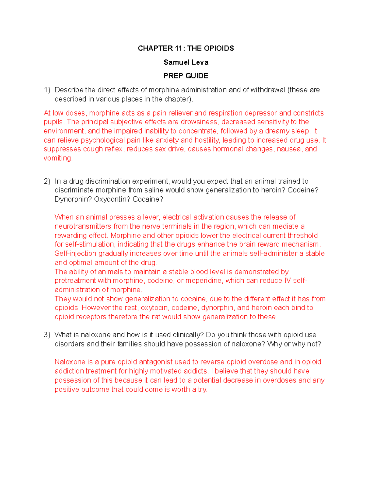Samuel Leva Chapter 11 Study Guide DBB - CHAPTER 11: THE OPIOIDS Samuel ...