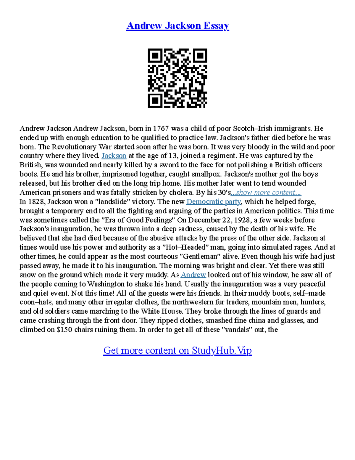 Andrew Jackson Essays - Andrew Jackson Essay Andrew Jackson Andrew ...