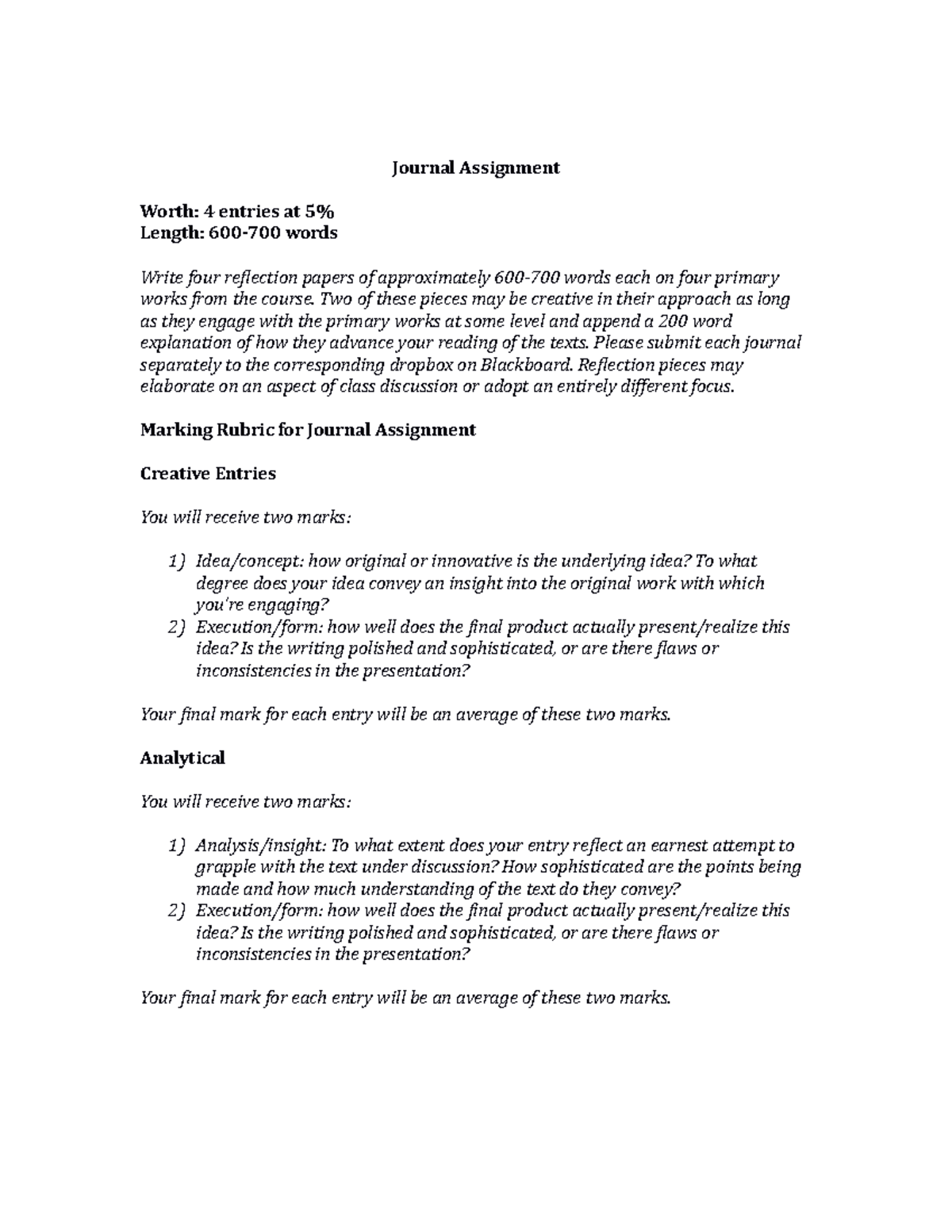 Journal Assignment - Journal Assignment Worth: 4 entries at 5% Length ...