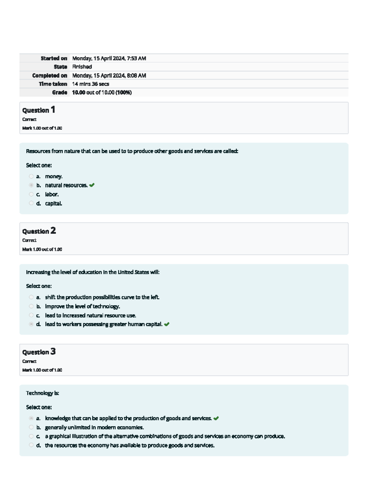ECON 1580 - 01 Self-Quiz Unit 1 - Chapter 2 Attempt review Home - PSYC 1205 - Studocu