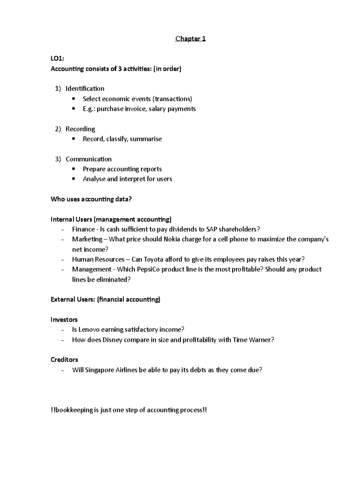 Accounting Summary - IBM - Chapter 1 LO1: Accounting consists of 3 ...