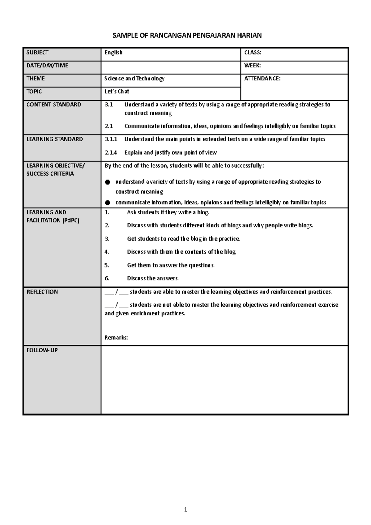 E RPH F4 Unit 1 - SAMPLE OF RANCANGAN PENGAJARAN HARIAN SUBJECT English ...