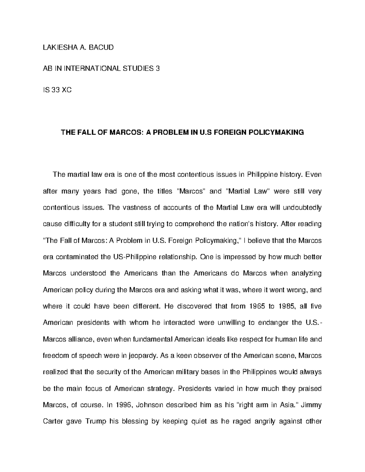 THE FALL OF MARCOS: A PROBLEM IN U.S FOREIGN POLICYMAKING - LAKIESHA A ...