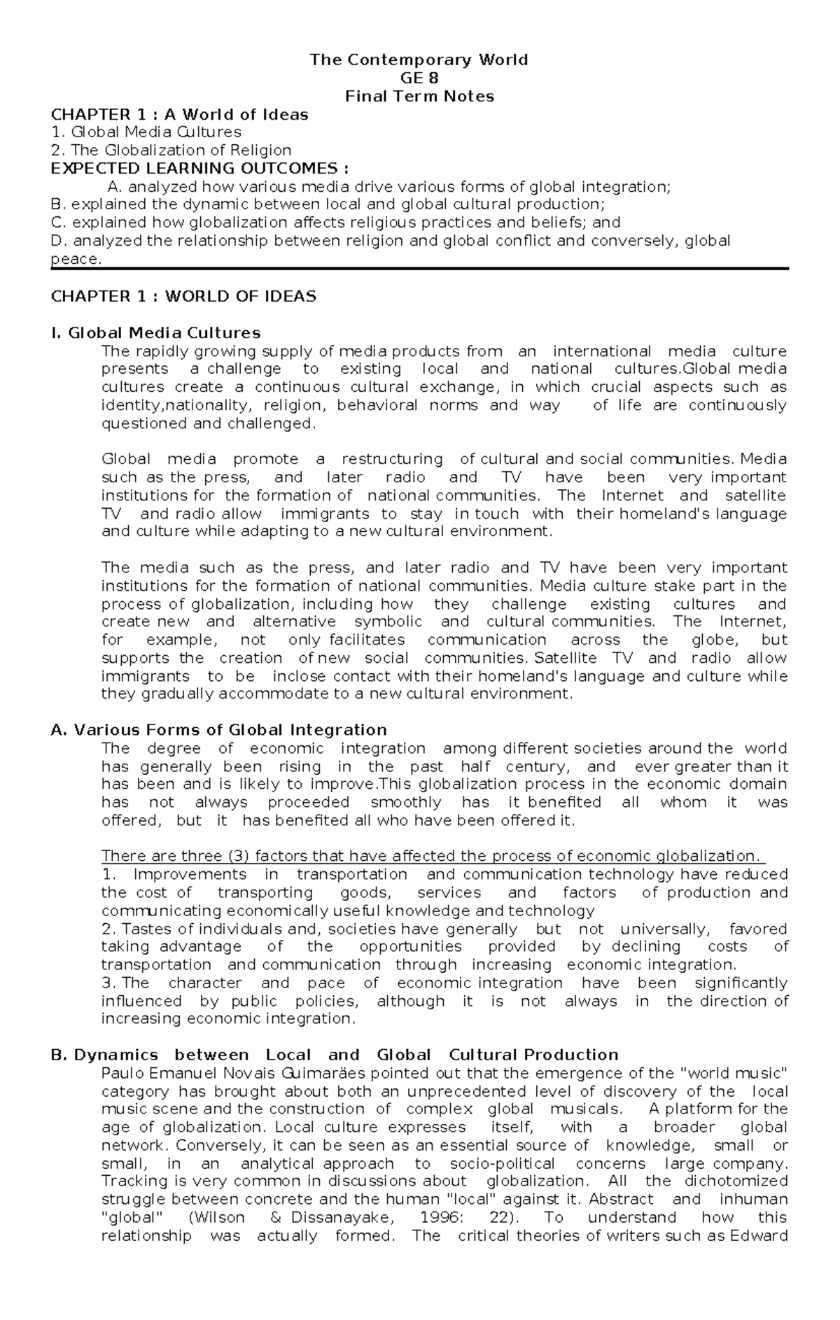 GE 8 Final Notes - The Contemporary World GE 8 Final Term Notes CHAPTER ...