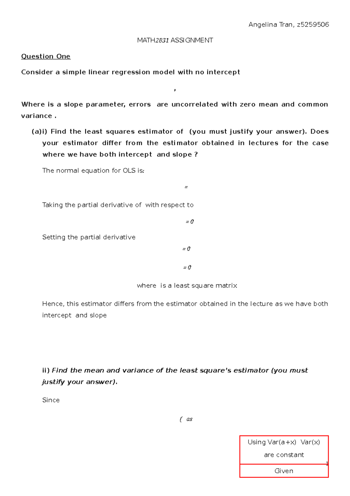 Math 2831 Assignment - MATH 2831 ASSIGNMENT Question One Consider a ...