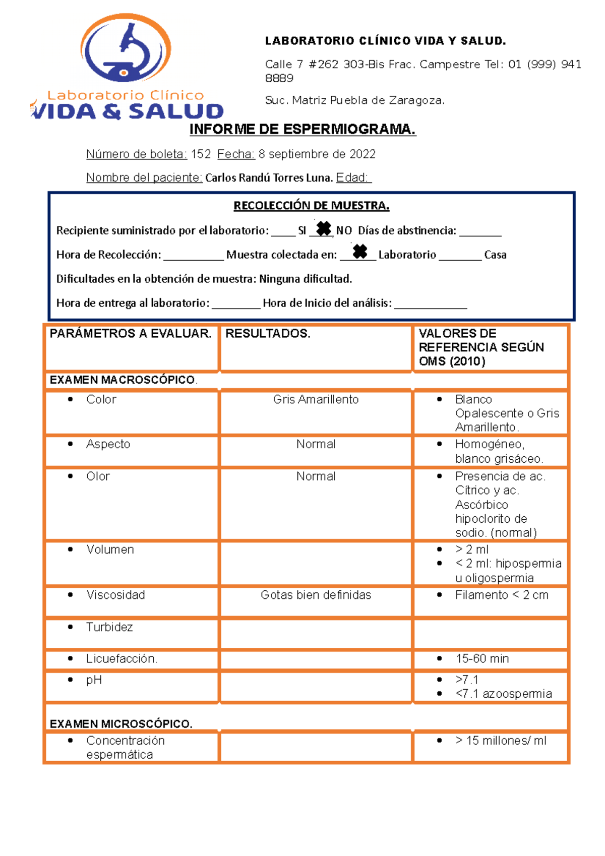 Informe DE Espermiograma - INFORME DE ESPERMIOGRAMA. Número de boleta ...