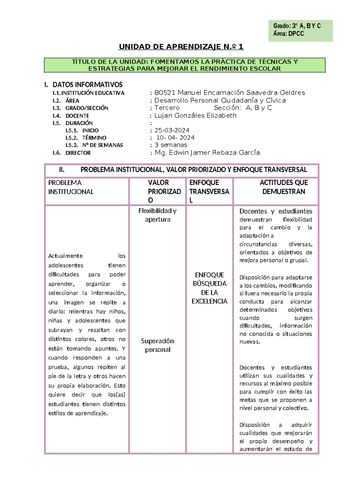 U. A. 1 - 3º DPCC - 1 PERÚ Ministerio de Educación UNIDAD DE APRENDIZAJE N.º 1 TÍTULO DE LA ...