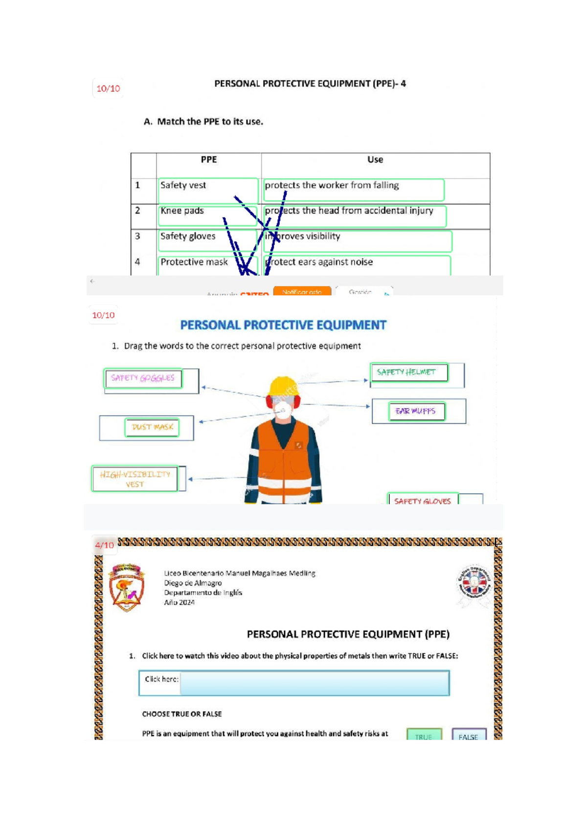 Doc1 ingles - PERSONAL PROTECTIVE EQUIPMENT A. Match the PPE to its use ...