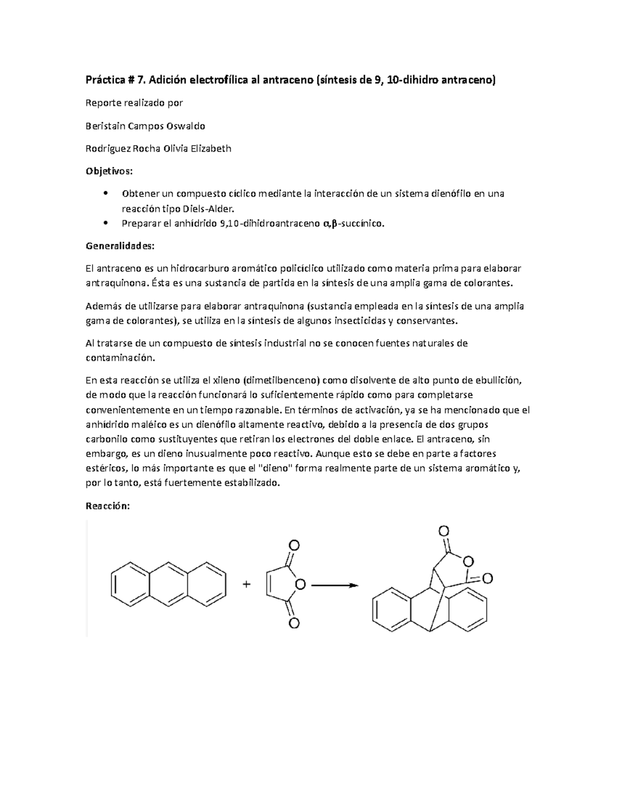 Práctica # 7. Adición electrofílica al antraceno (síntesis de 9, 10 ...