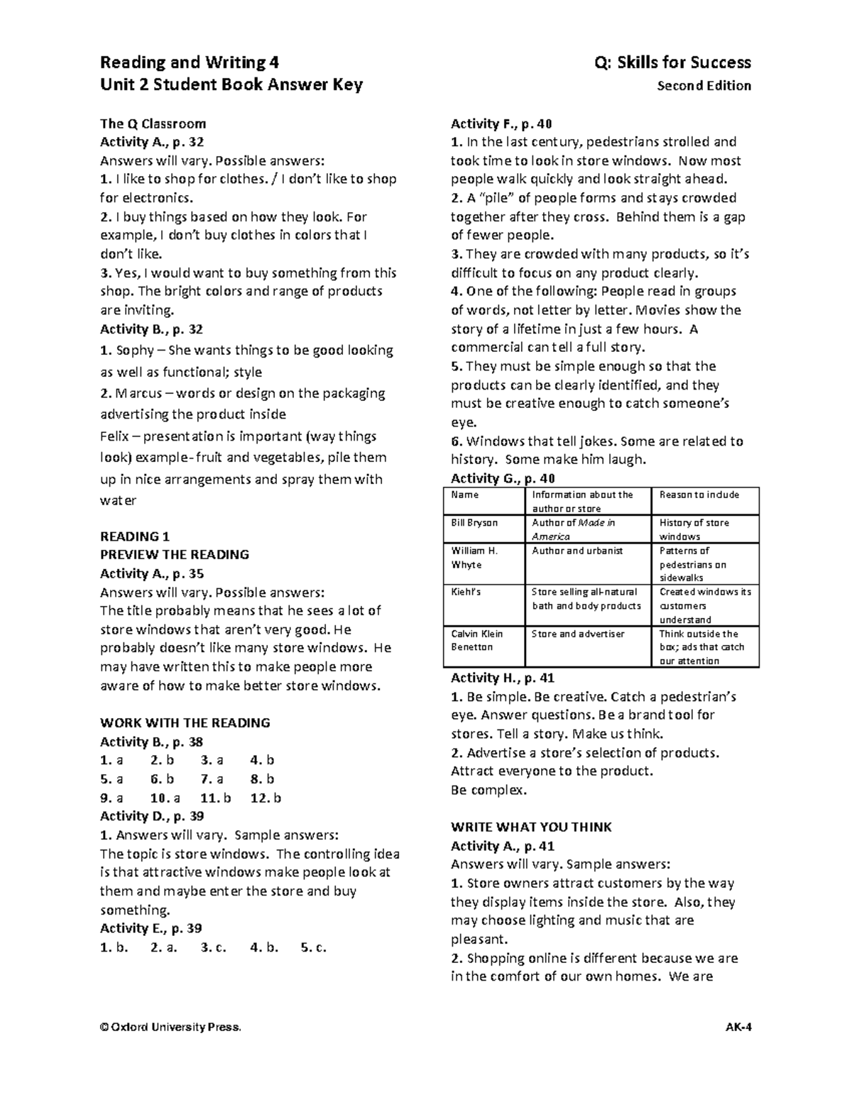 Q2e RW4 U02 Answer Key - Unit 2 Student Book Answer Key Second Edition The Q Classroom Activity ...