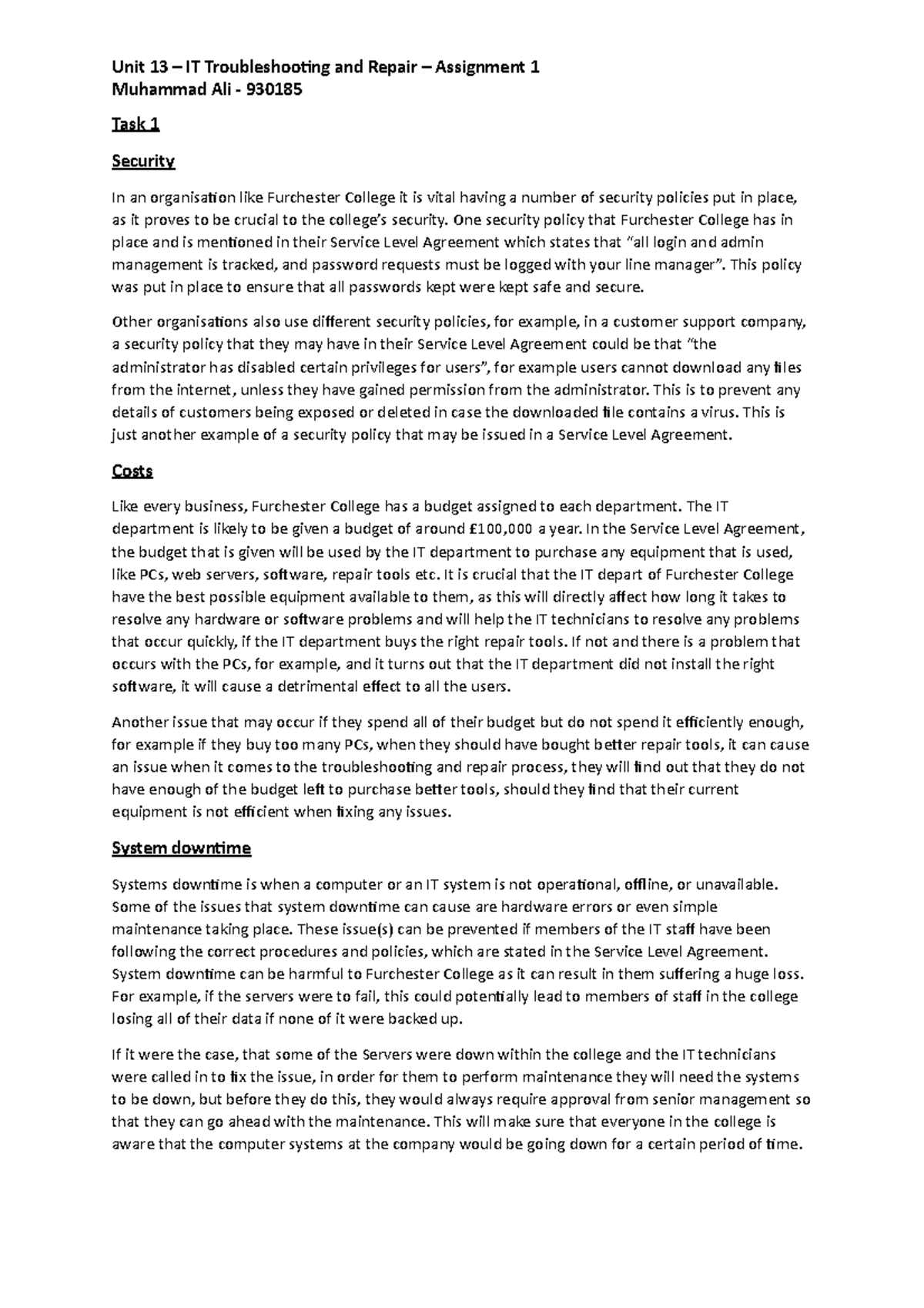 Unit 13 - Assignment 1 - IT troubleshooting and repair - Muhammad Ali - 930185 Task 1 Security ...