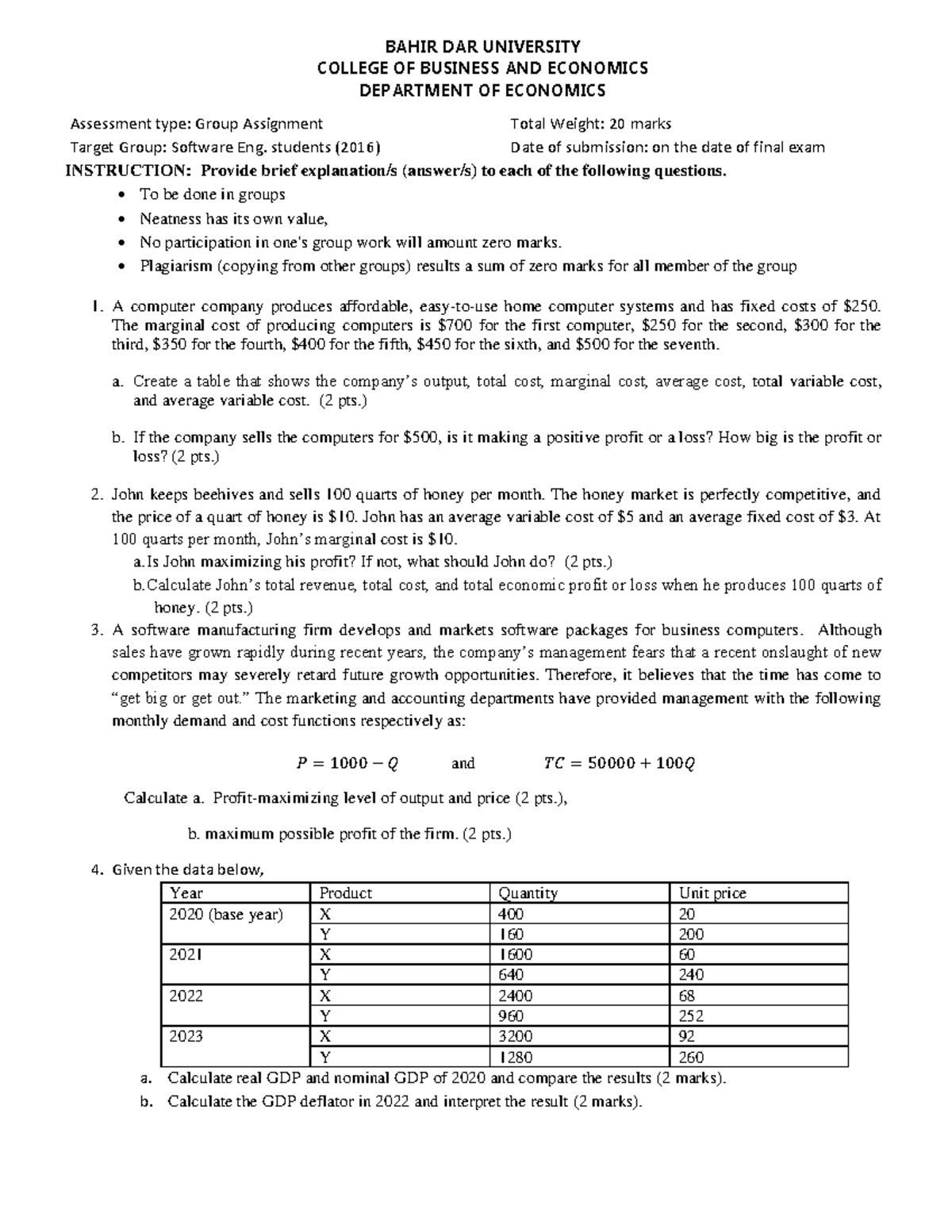 Assignment for introduction to Economics SE - BAHIR DAR UNIVERSITY ...