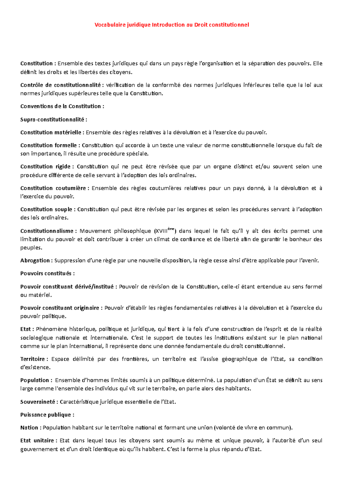 Vocabulaire juridique DC - Vocabulaire juridique Introduction au Droit constitutionnel - Studocu