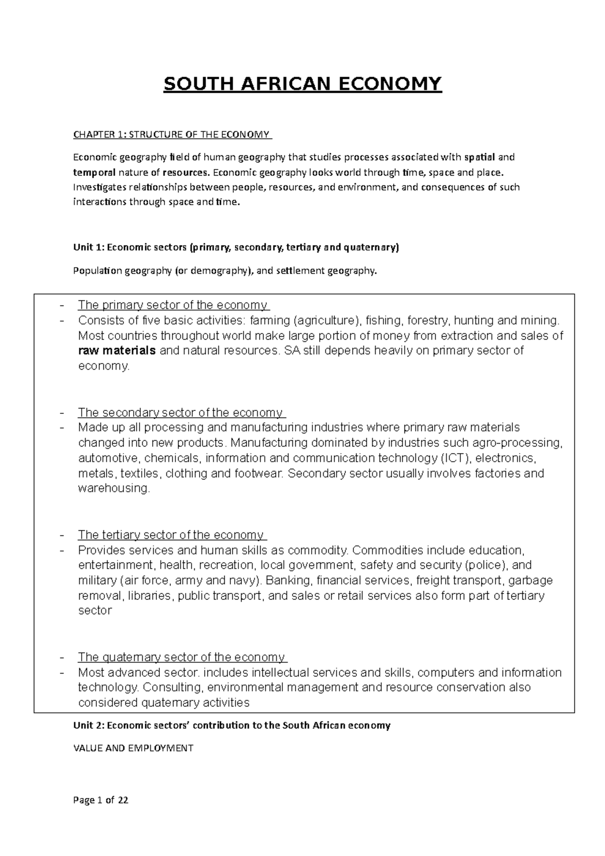 Sa economy notes - SOUTH AFRICAN ECONOMY CHAPTER 1: STRUCTURE OF THE ...