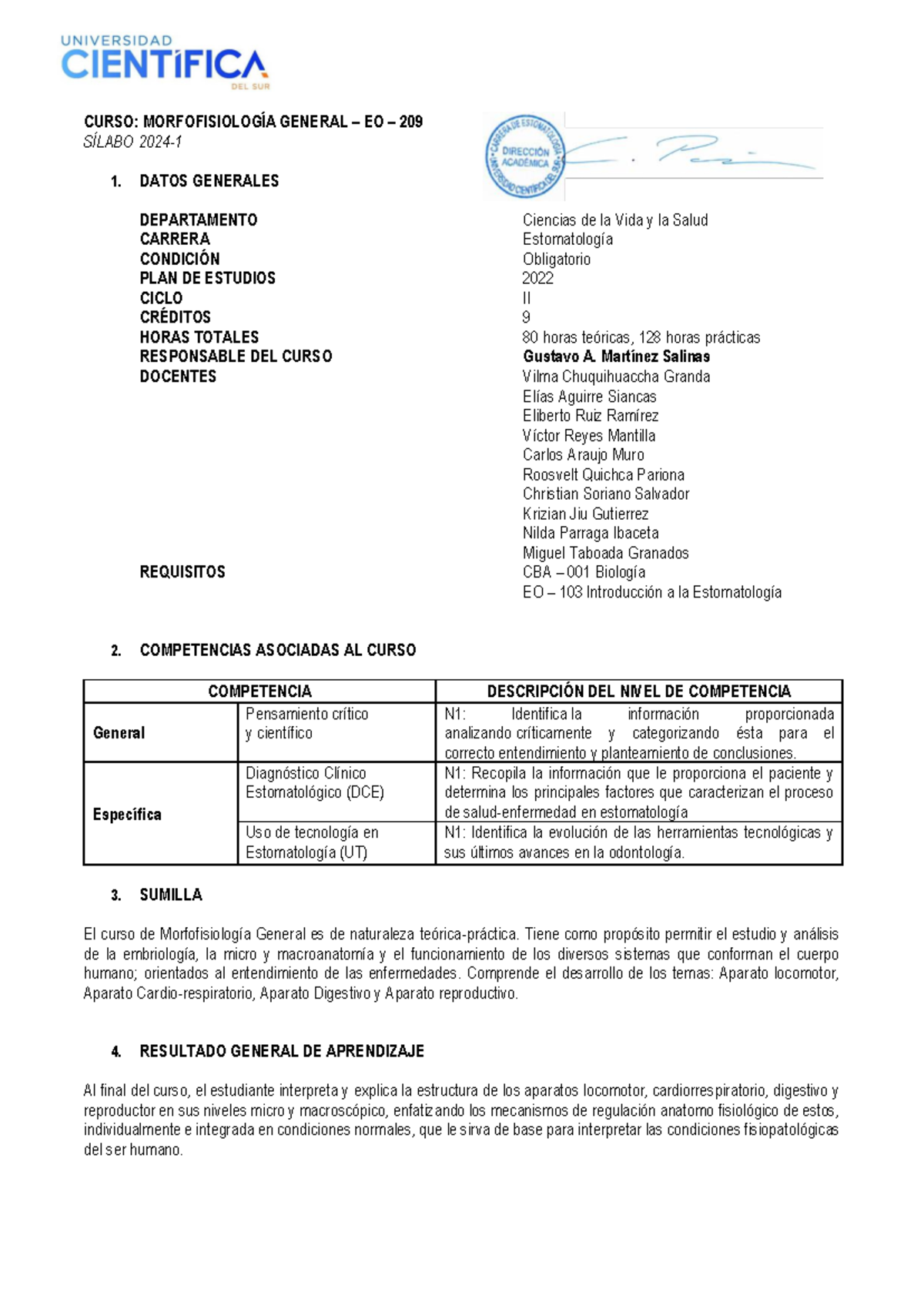 Morfofisiología General EO-209 2024 1-1 - CURSO: MORFOFISIOLOGÍA ...