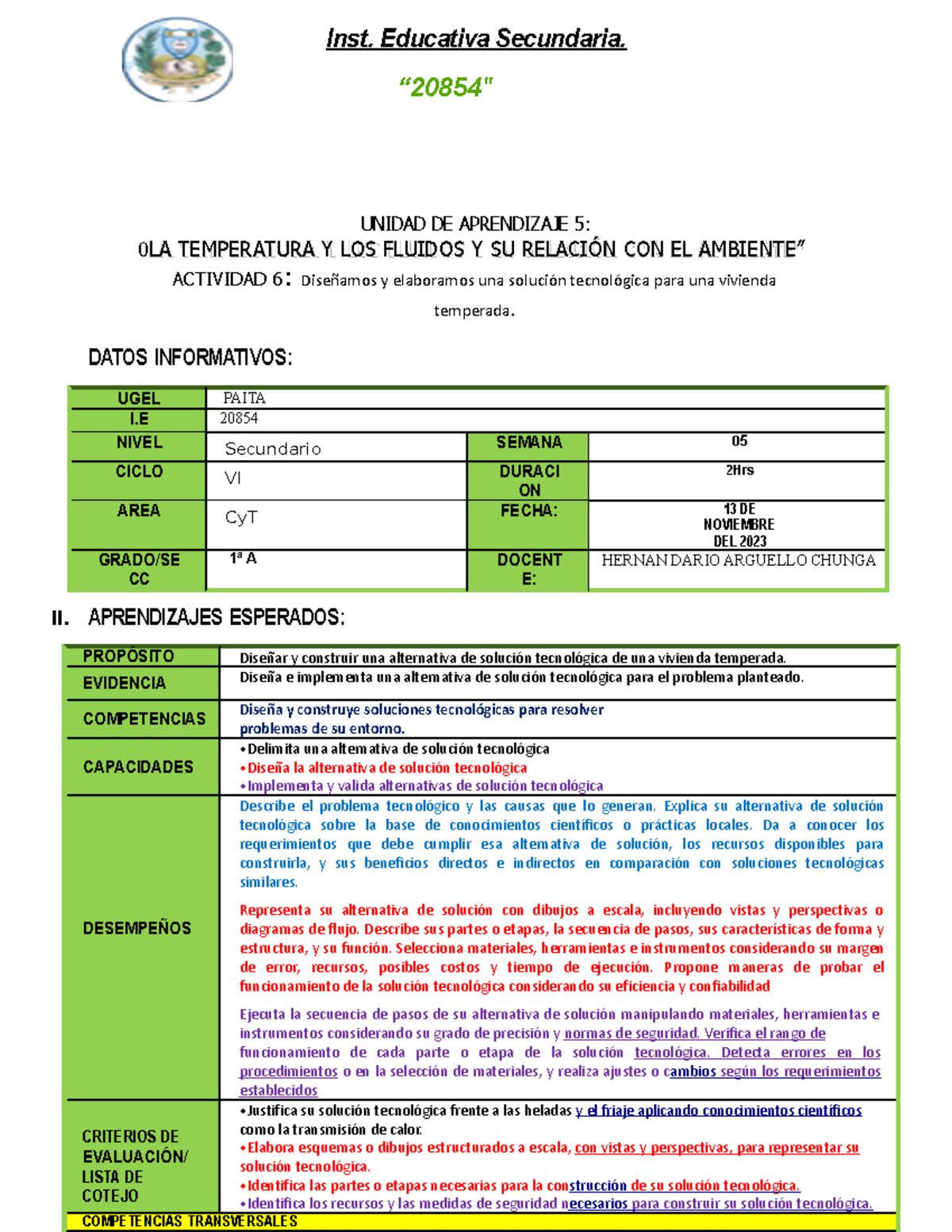 Sesion cyt - Cyt - ÁREA CURRICULAR Sec Inst. Educativa Secundaria. “20854 " UNIDAD DE - Studocu