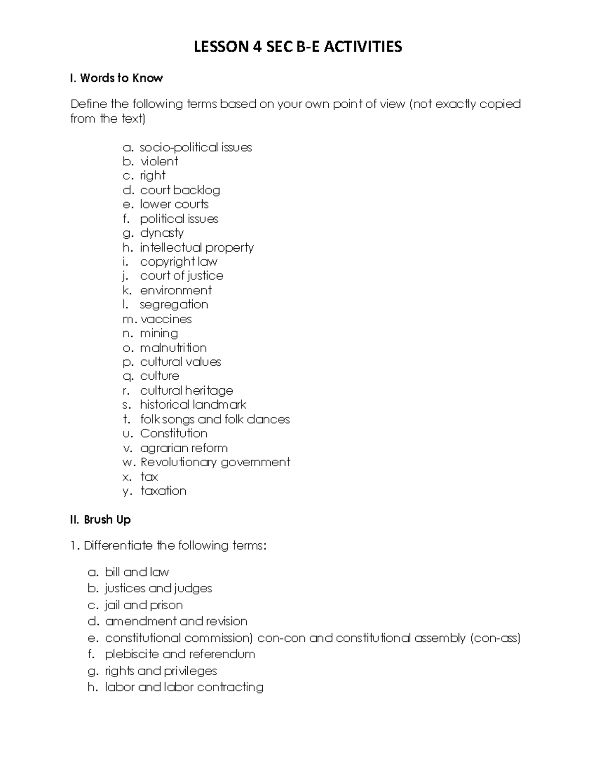 Lesson 4 SEC B-E Activities - I. Words to Know Define the following ...