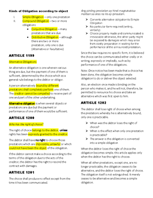 Obligations and Contracts Summary on Different Kinds of Obligation - OBLIGATIONS AND CONTRACTS ...