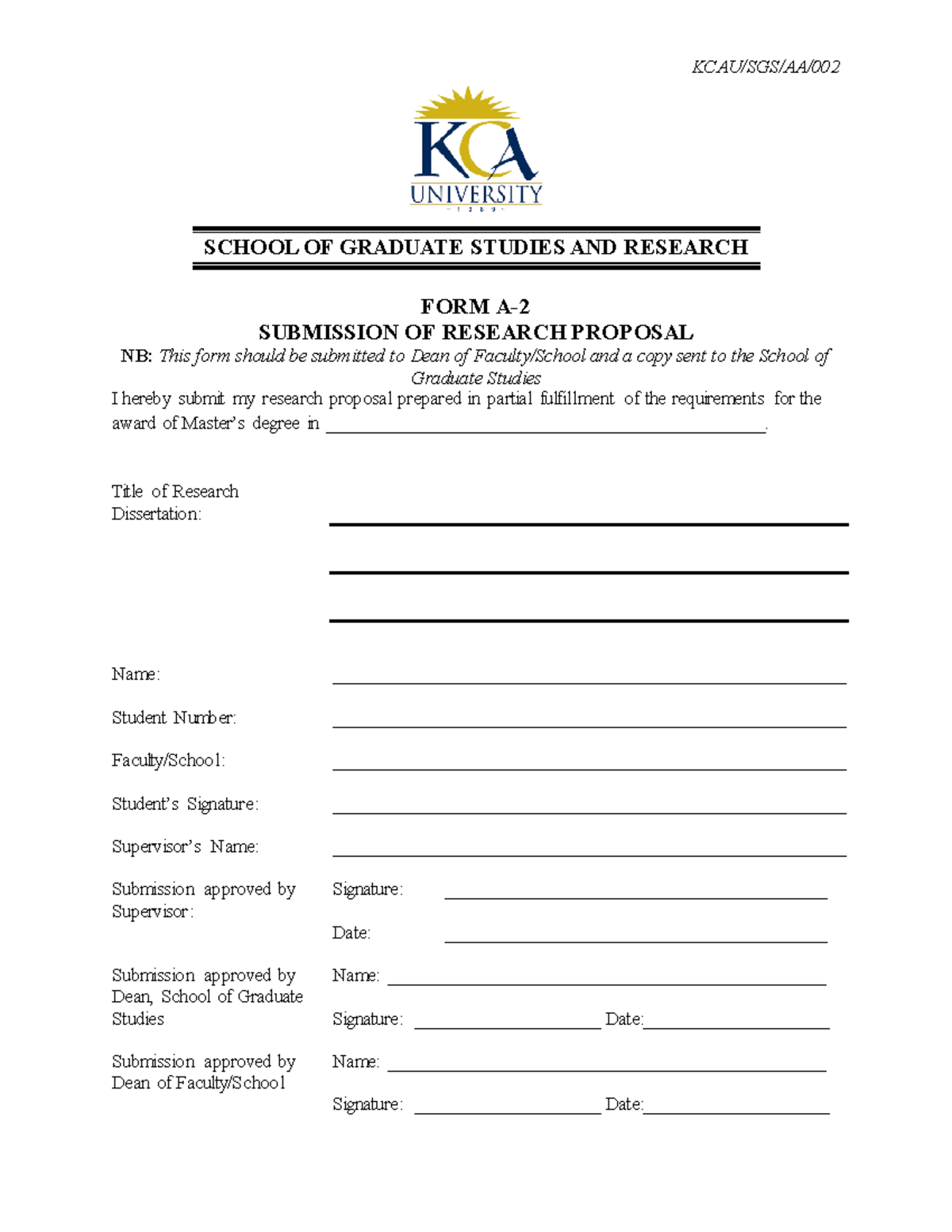 Proposal submission form - KCAU/SGS/AA/ FORM A- SUBMISSION OF RESEARCH ...