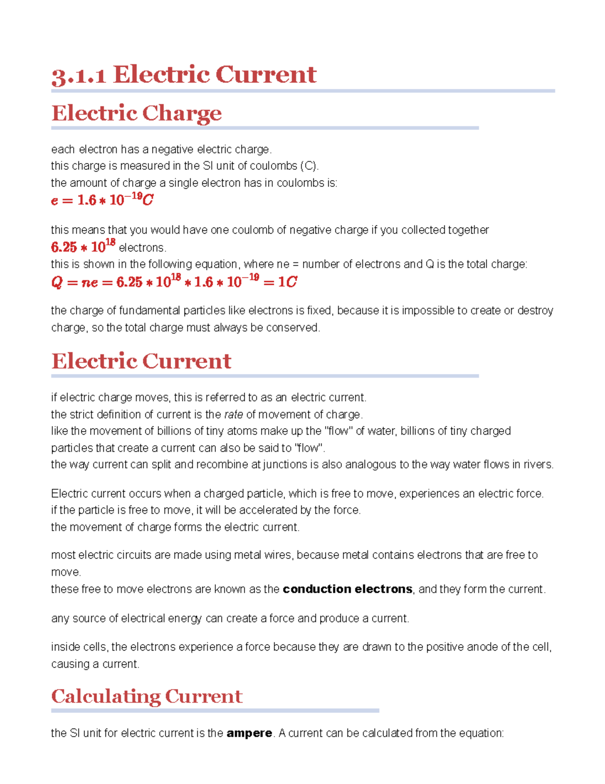 3.1.1 Electric Current - 3.1 Electric Current Electric Charge each ...